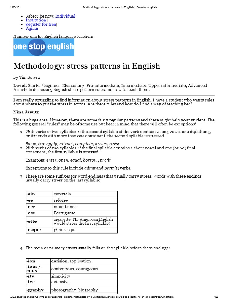 Stress Patterns in English - Onestopenglish | PDF | Stress (Linguistics ...