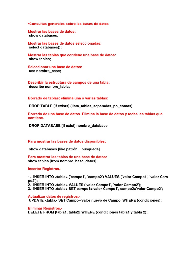 Comandos Generales Sobre Las Bases de Datos | Descargar gratis PDF ...