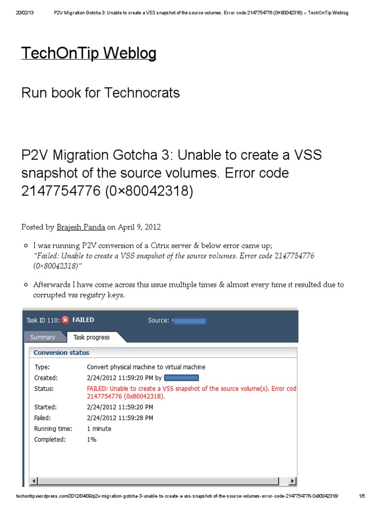 Unable To Create A VSS Snapshot of The Source Volumes. Error Code 2147754776 - 0×80042318 - Otra ...