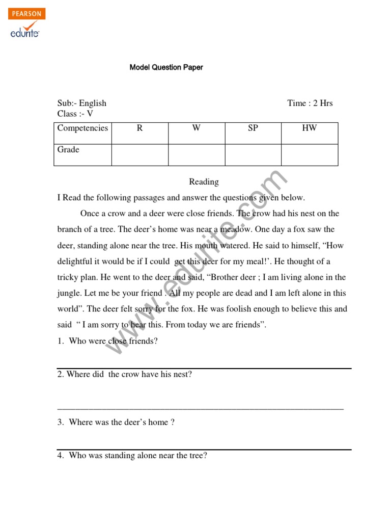 Class V English Model Paper | PDF | Languages