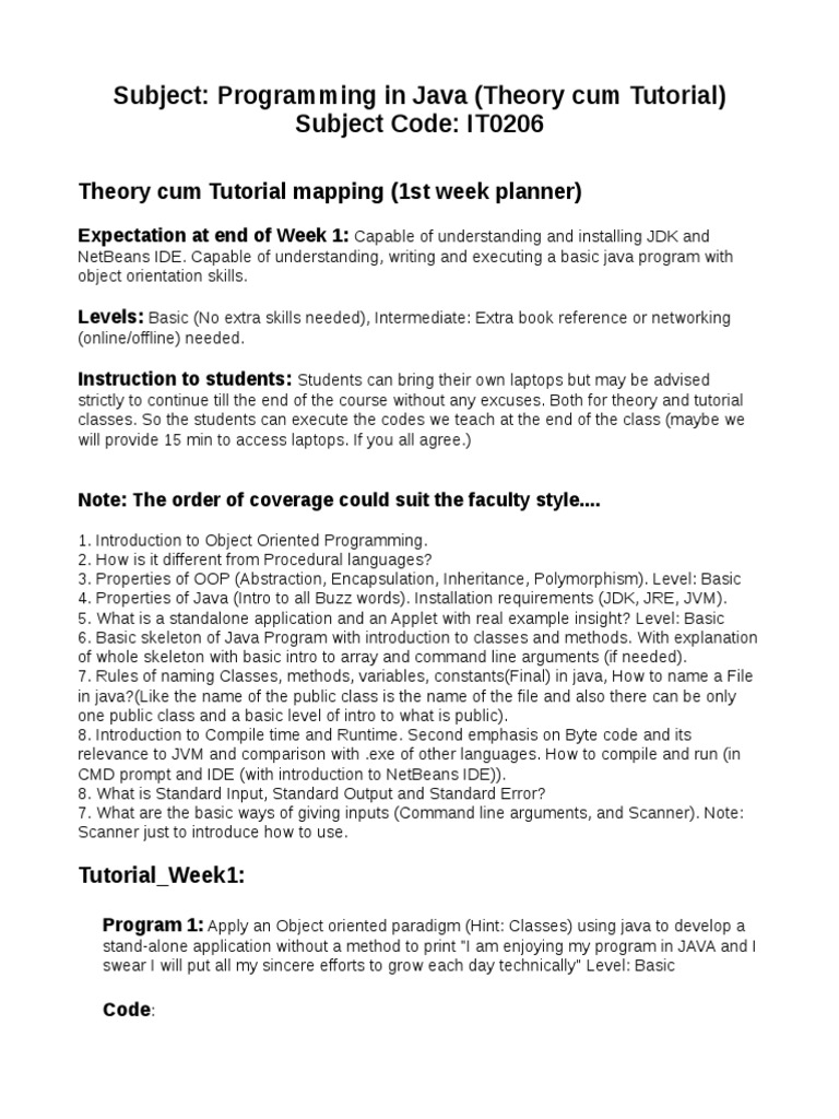 Subject: Programming in Java (Theory Cum Tutorial) Subject Code: IT0206 ...