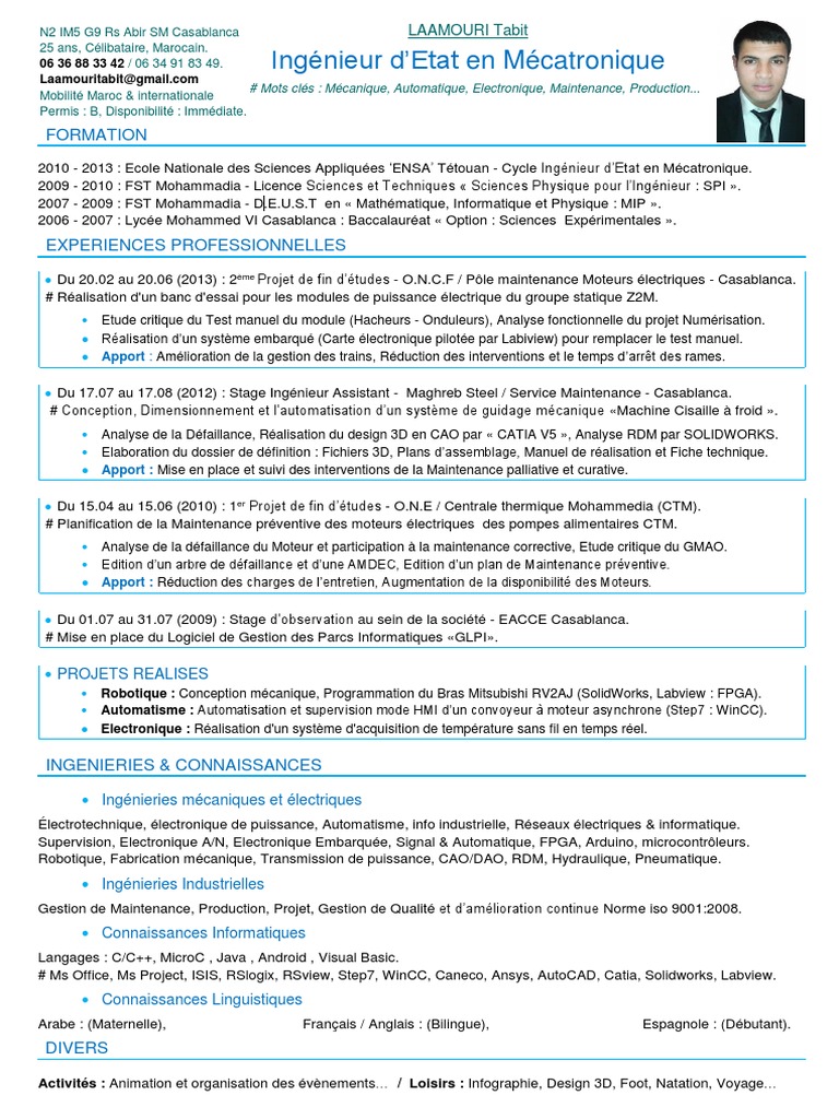 CV Ingénieur Mécatronique - Abir SM | PDF | Entretien | Électronique