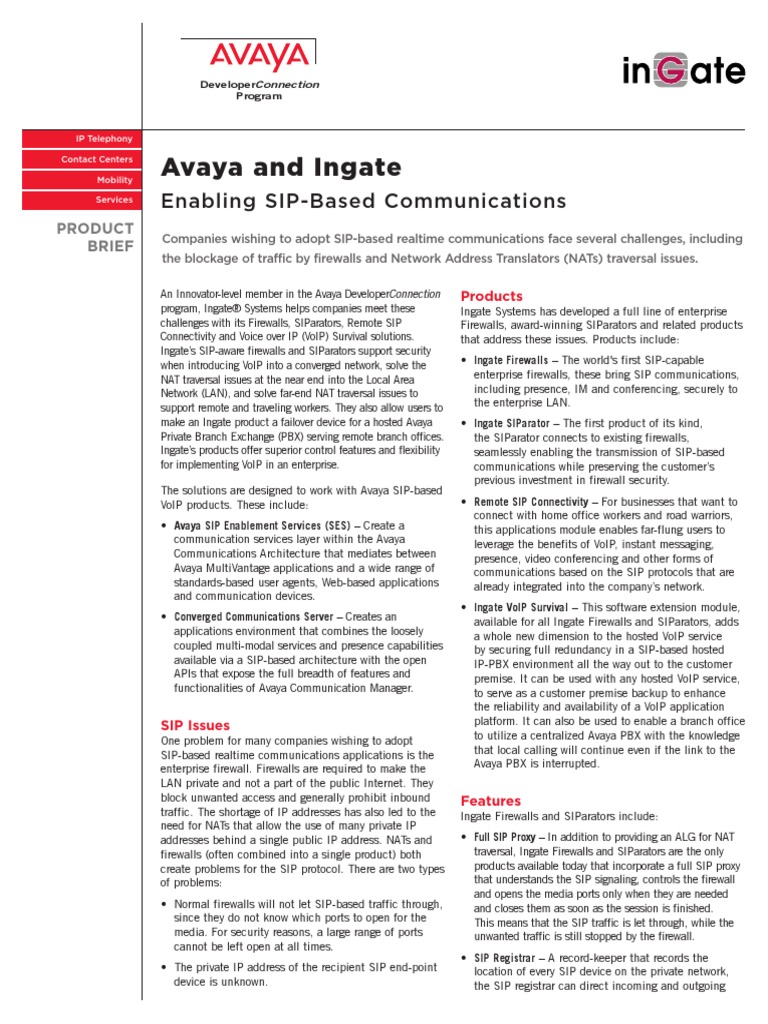 Avaya and Ingate: Enabling SIP-Based Communications | PDF | Session Initiation Protocol | Voice ...