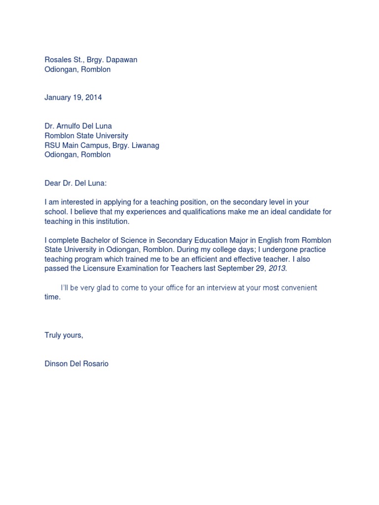 Sample Application Letter For Teaching Position | PDF