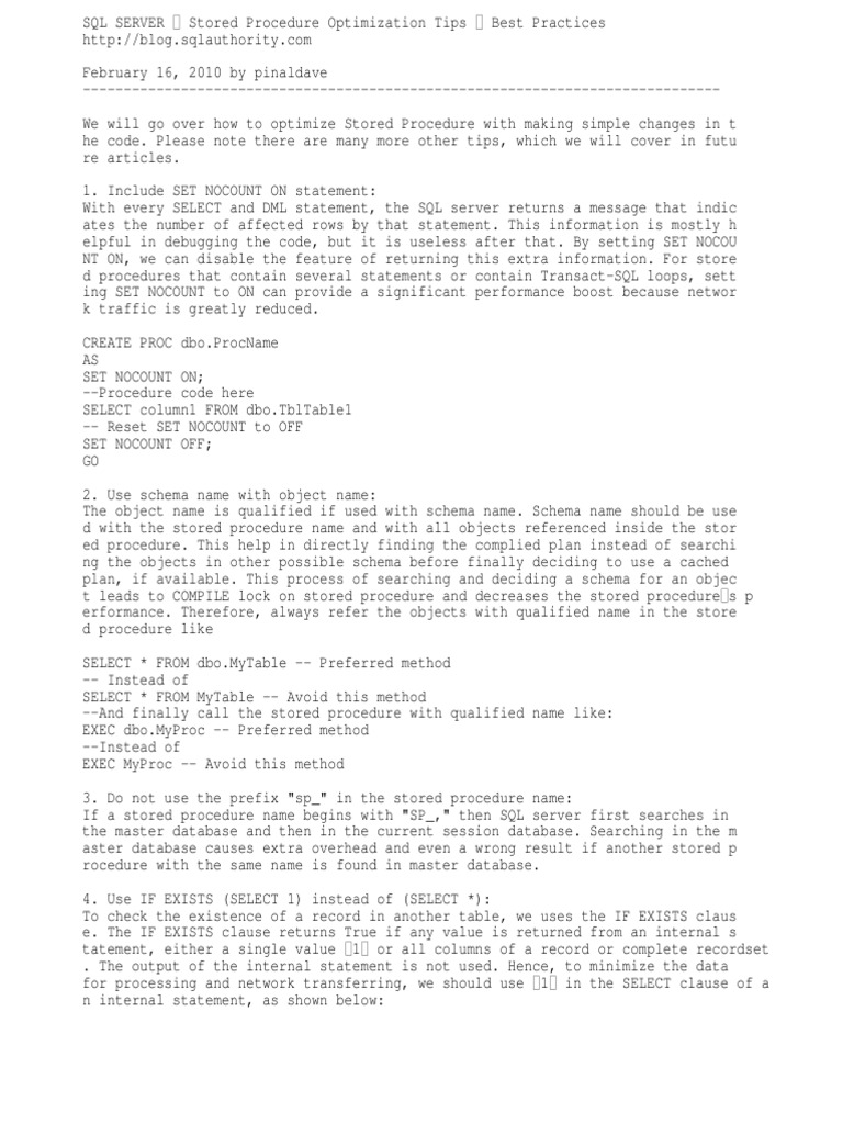 SQL Stored Procedure Optimization Tips | PDF | Parameter (Computer ...