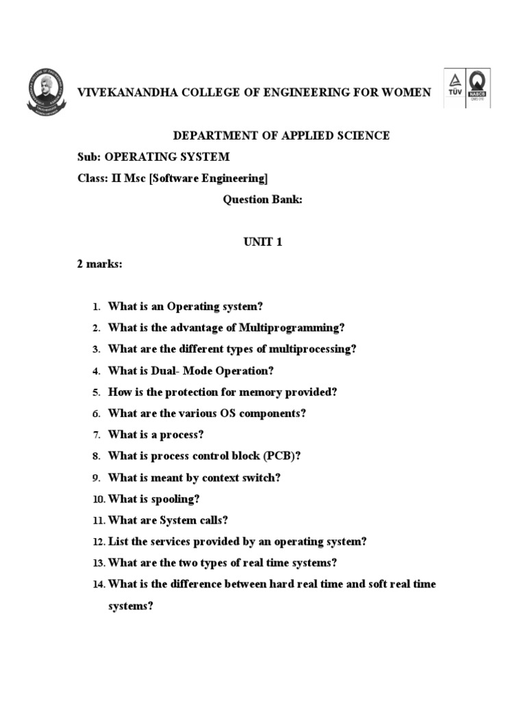 OS Unit 1 and 2 Question Bank | PDF | Scheduling (Computing) | Thread (Computing)