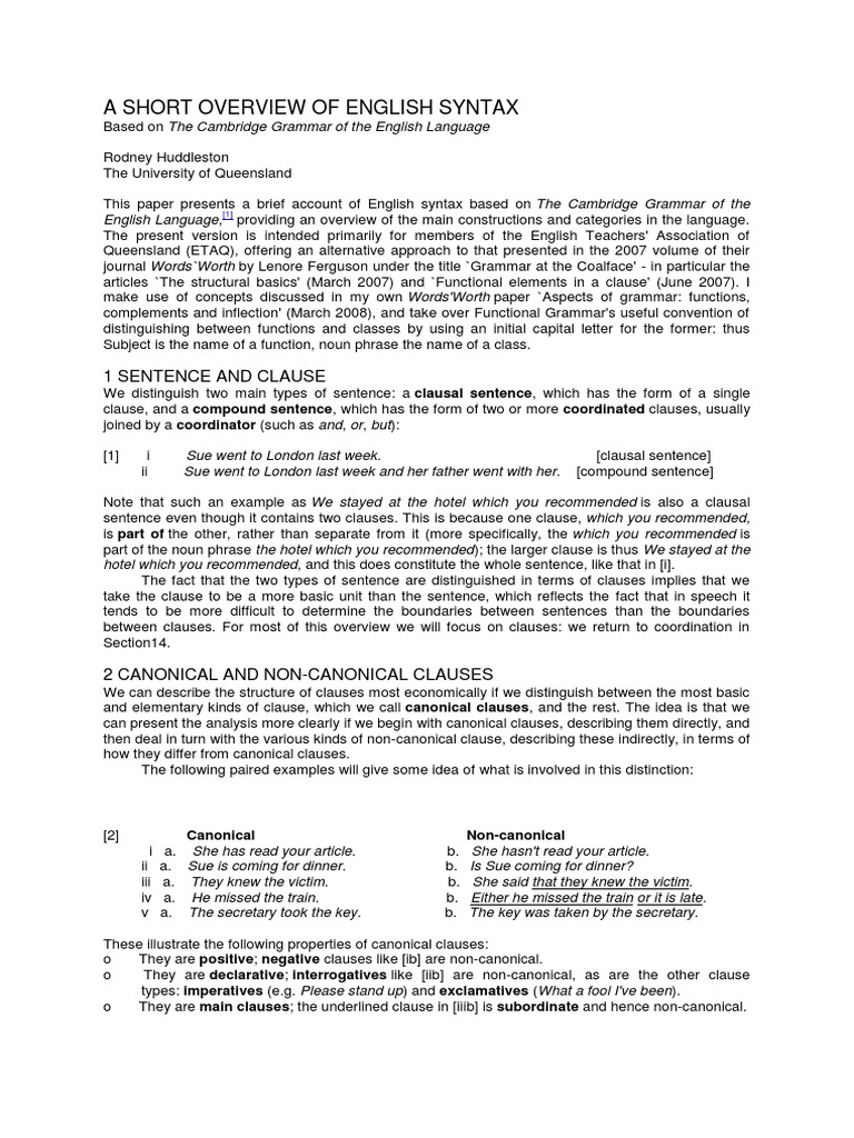 A Short Overview of English Syntax: 1 Sentence and Clause | PDF | Verb ...