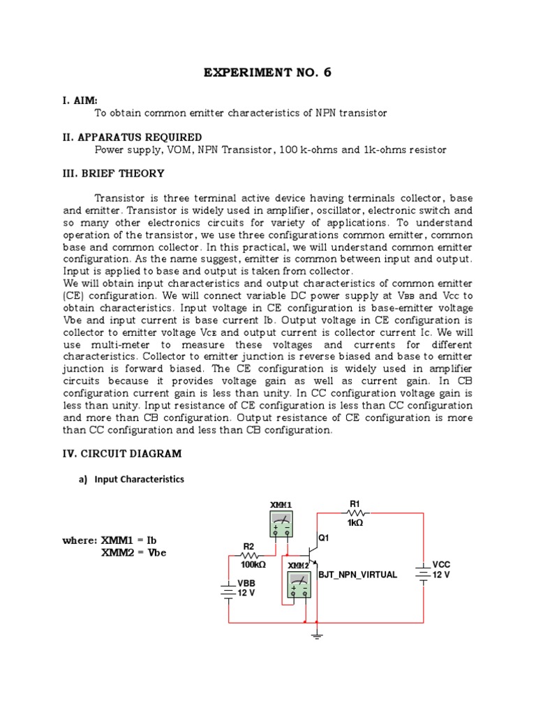 Experiment No 6 Ce NPN | PDF | Bipolar Junction Transistor | Electrical ...