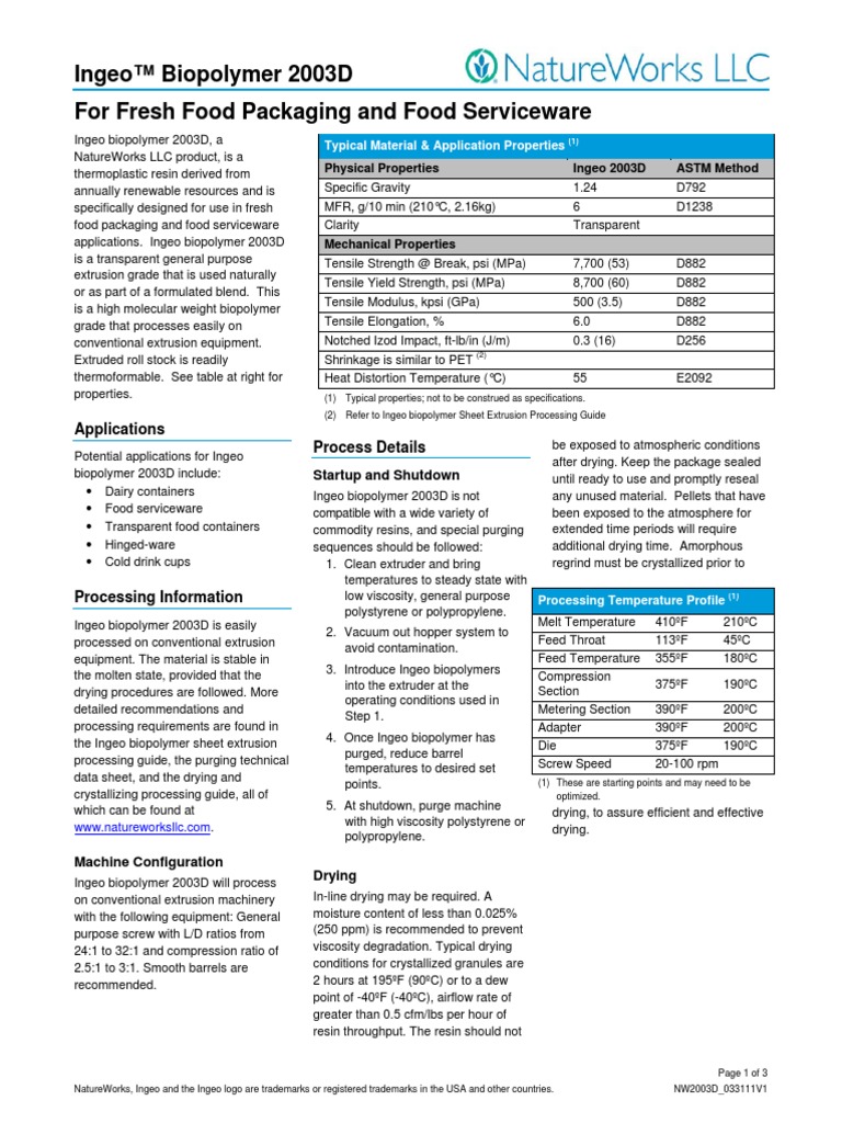 Ingeo 2003D | PDF | Biodegradation | Extrusion