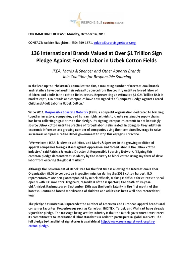 RSN Cotton Pledge Update 20131011 FINAL | PDF | Clothing | Business
