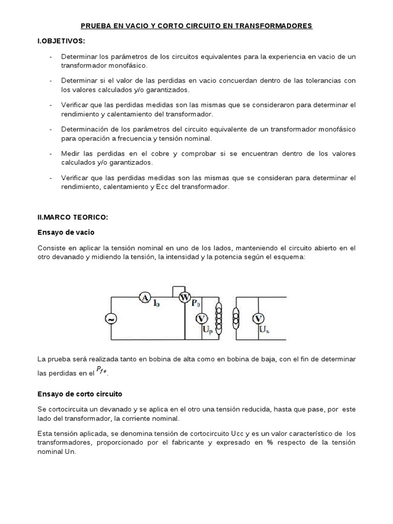 Prueba en Vacio y Corto Circuito en Transformadores | PDF | Transformador | Inductor