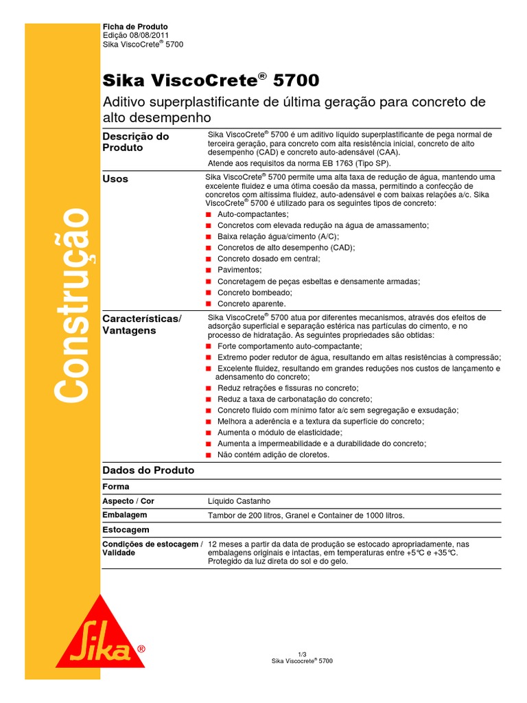 Sika ViscoCrete 5700 | PDF | Concreto | Cimento