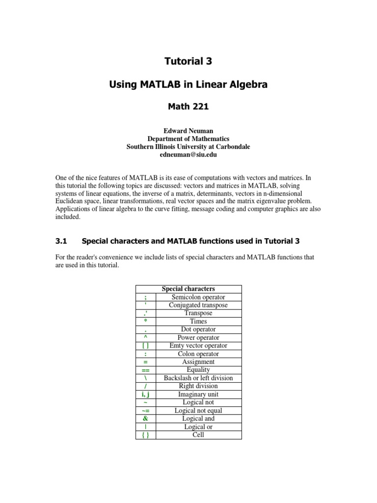 Matlab Tutorial3 | PDF | Matrix (Mathematics) | Eigenvalues And Eigenvectors