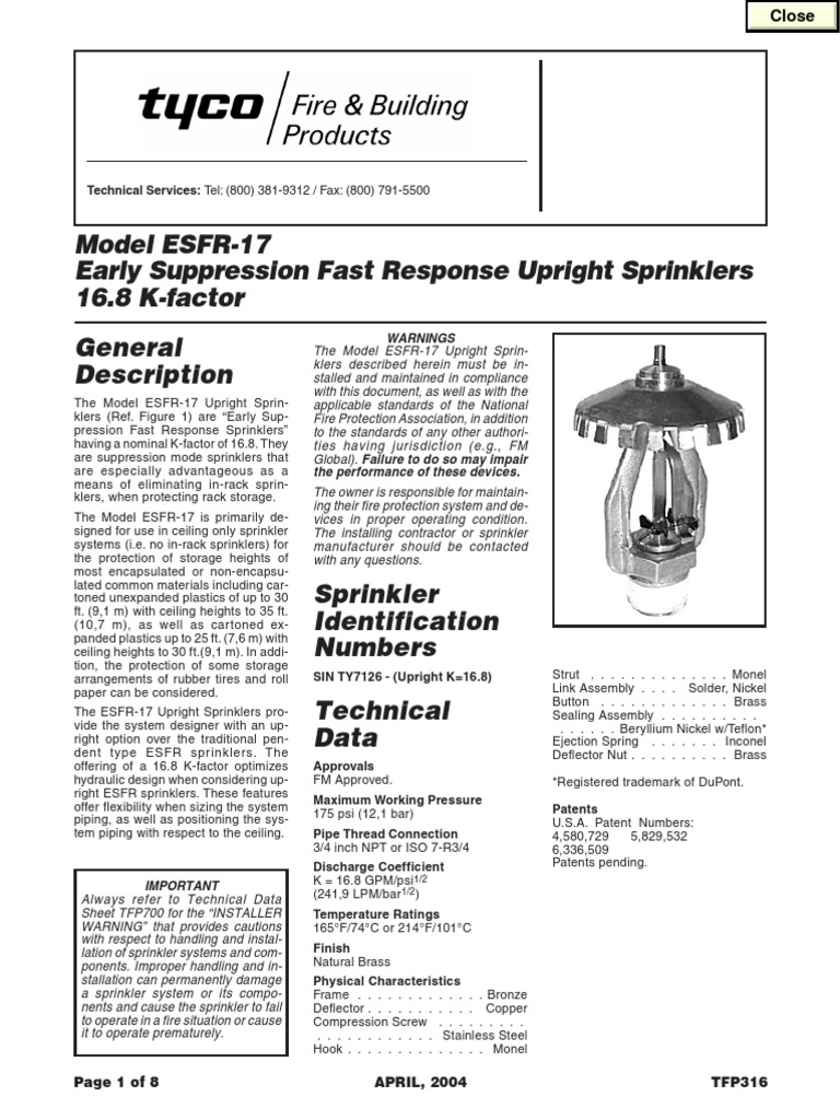 Model ESFR-17 Early Suppression Fast Response Upright Sprinklers 16.8 K ...