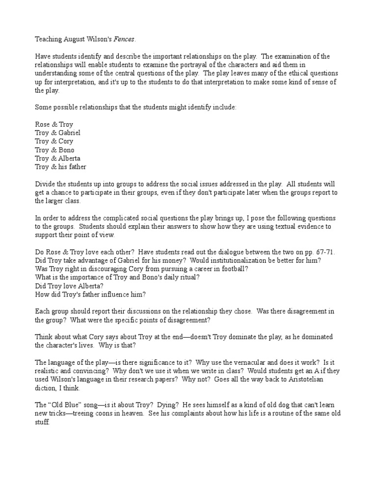 Analyzing Relationships in Fences | PDF | Fences (Play) | Lesson Plan