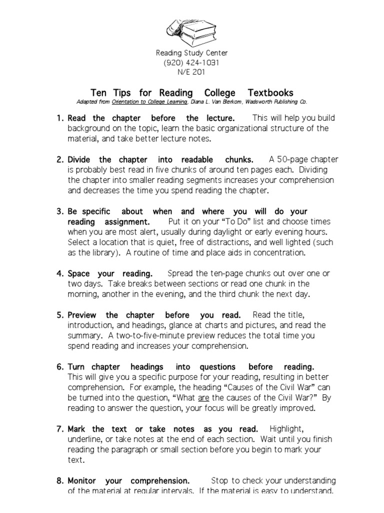 Ten Tips For Reading College Textbooks: Reading Study Center (920) 424 ...
