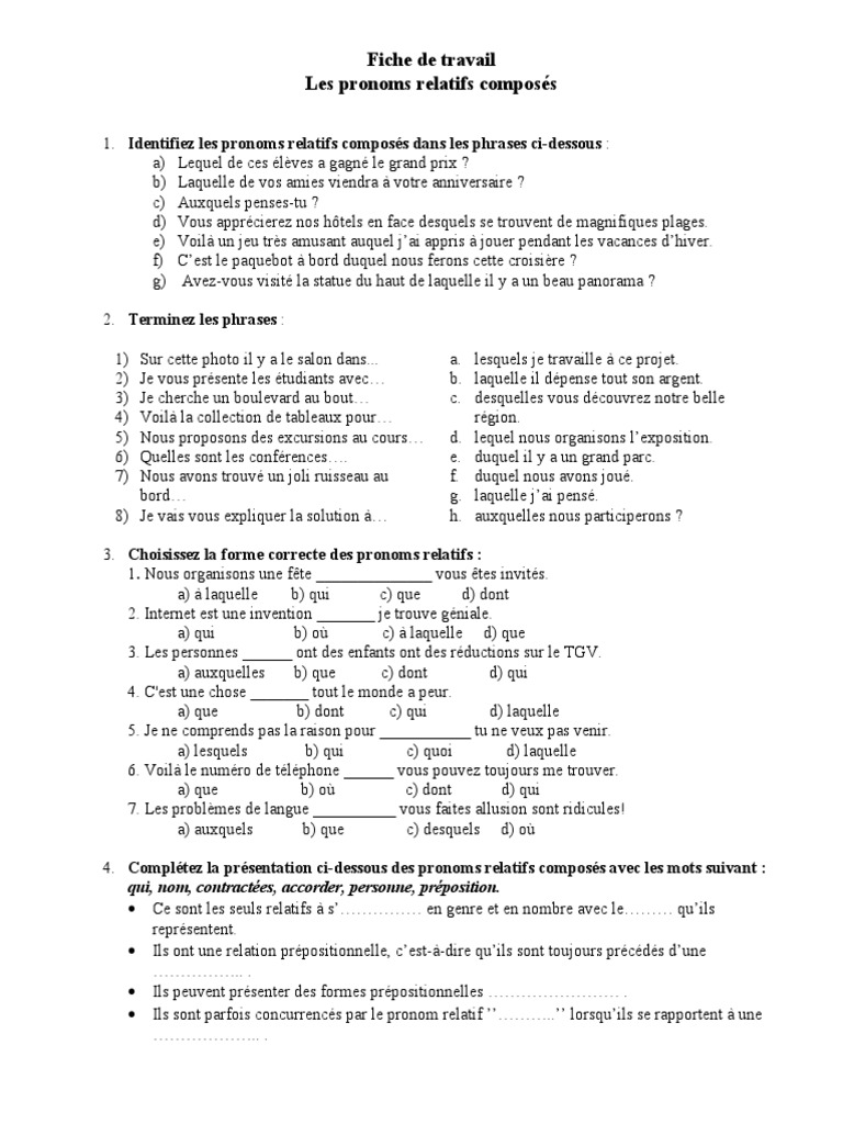 Exercices Les Pronoms Relatifs | PDF | Typologie linguistique | Grammaire