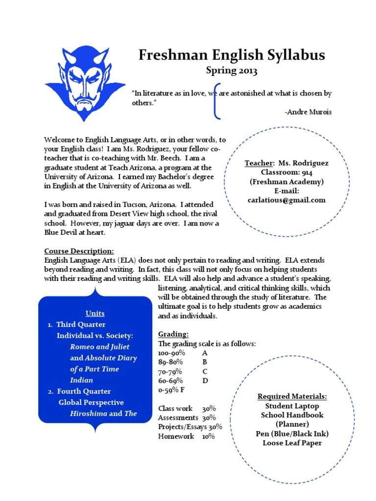 Freshman English Syllabus 2013 | PDF | Classroom | Homework