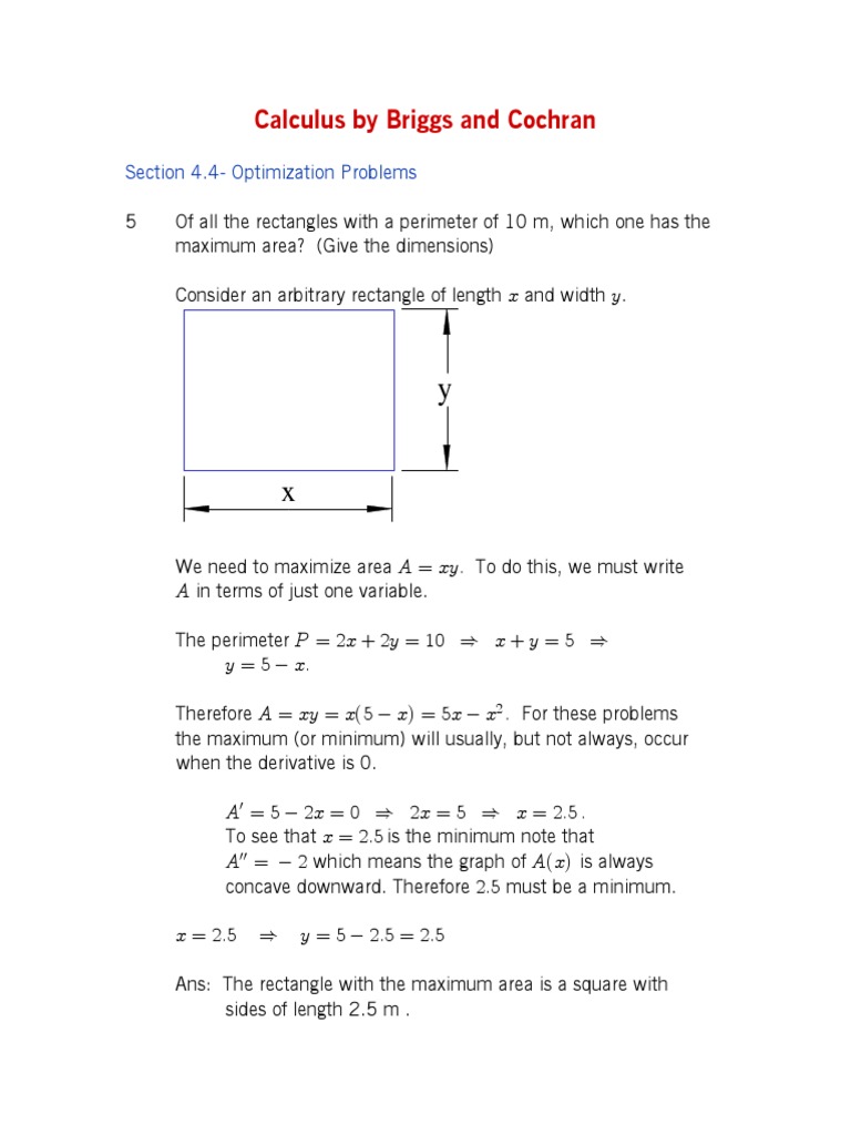 Calculus by Briggs and Cochran: Section 4.4-Optimization Problems | PDF | Maxima And Minima ...
