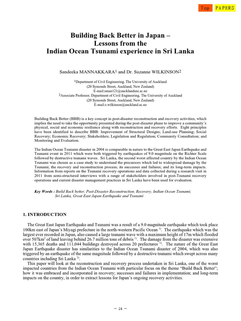 Building Back Better in Japan - Lessons From The Indian Ocean Tsunami ...