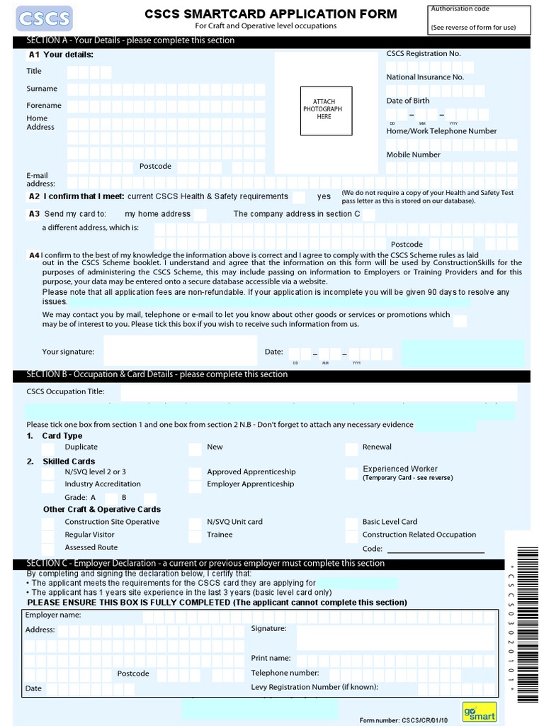 Cscs Application Form Operative New Apprenticeship Smart Card