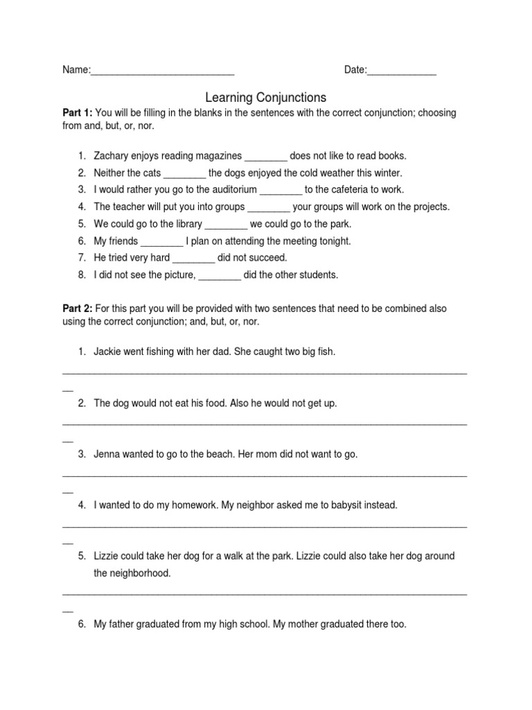 Learning Conjunctions Worksheet | PDF | Home & Garden