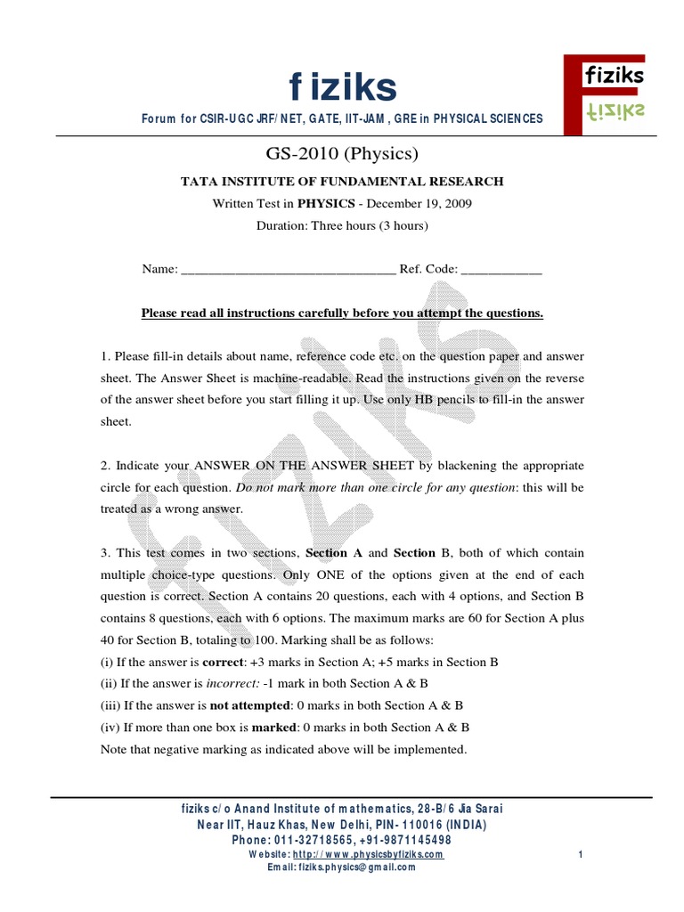 Tifr Physics 2009 Paper | PDF | Electronvolt | Binding Energy