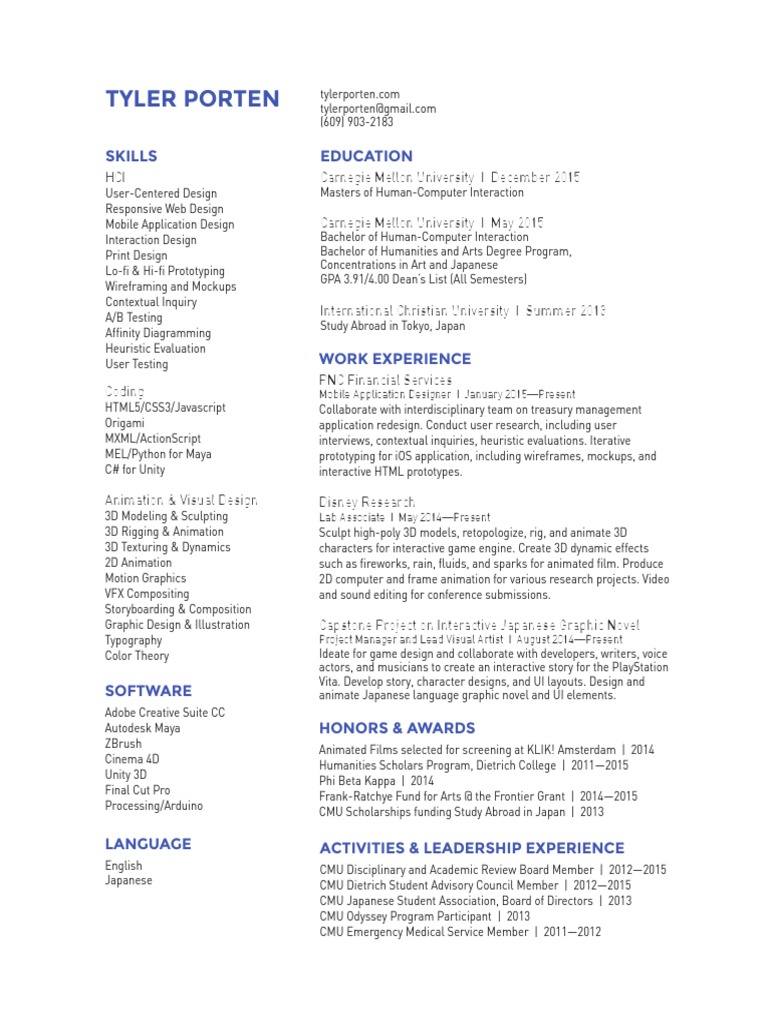 Tyler Porten Resume | PDF | Carnegie Mellon University | Autodesk Maya