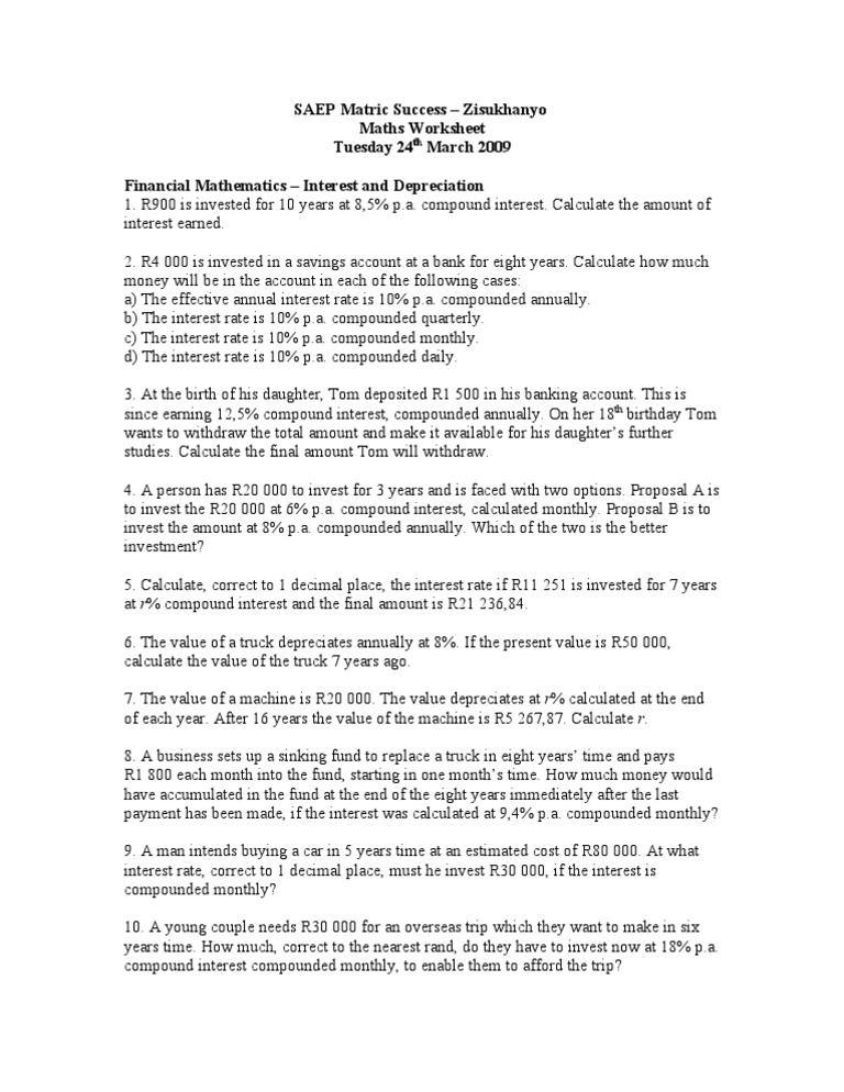 Appreciation And Depreciation Maths Worksheet