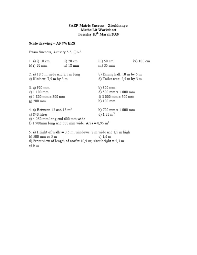 Maths Lit Worksheet - Scale Drawing (Answers) | PDF