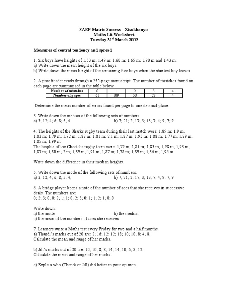Maths Lit Worksheet for Students | PDF | Statistical Analysis ...