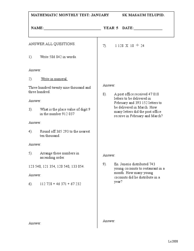 4th Grade Whole Numbers Test | PDF