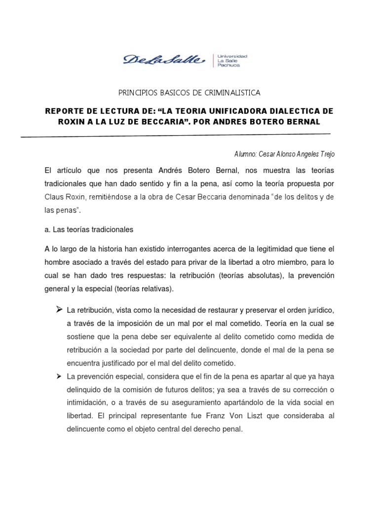 Teoria Unificadora Eclectica de Roxin A La Luz de Cesar Beccaria | PDF ...
