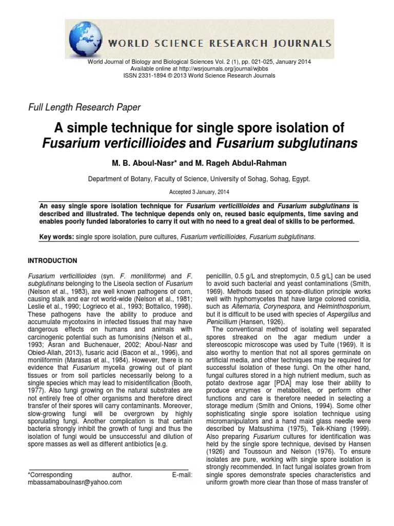 A Simple Technique For Single Spore Isolation of Fusarium ...