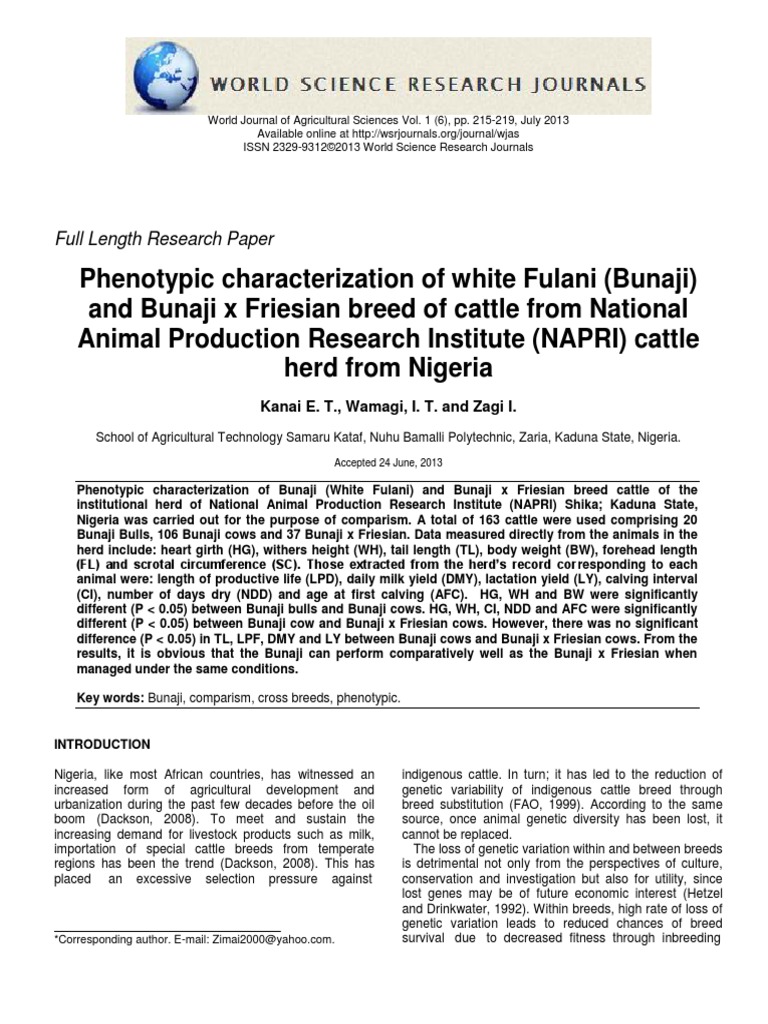 Phenotypic Characterization of White Fulani (Bunaji) and Bunaji X ...