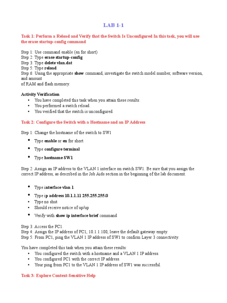 Task 1: Perform A Reload and Verify That The Switch Is Unconfigured in ...