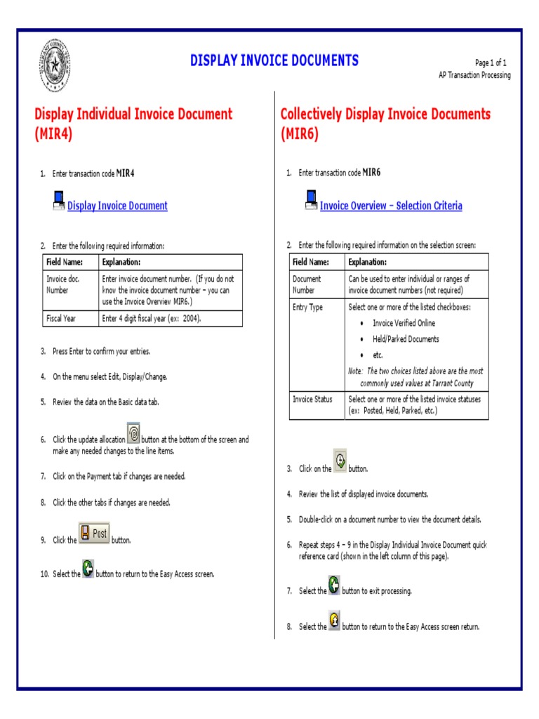 Displaying Invoices in SAP MIR4/MIR6 | PDF | Finance & Money Management