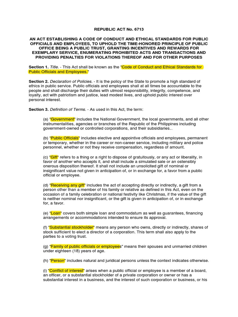 PH R A 6713 Civil Service Exam Reviewer PDF Employment Fine