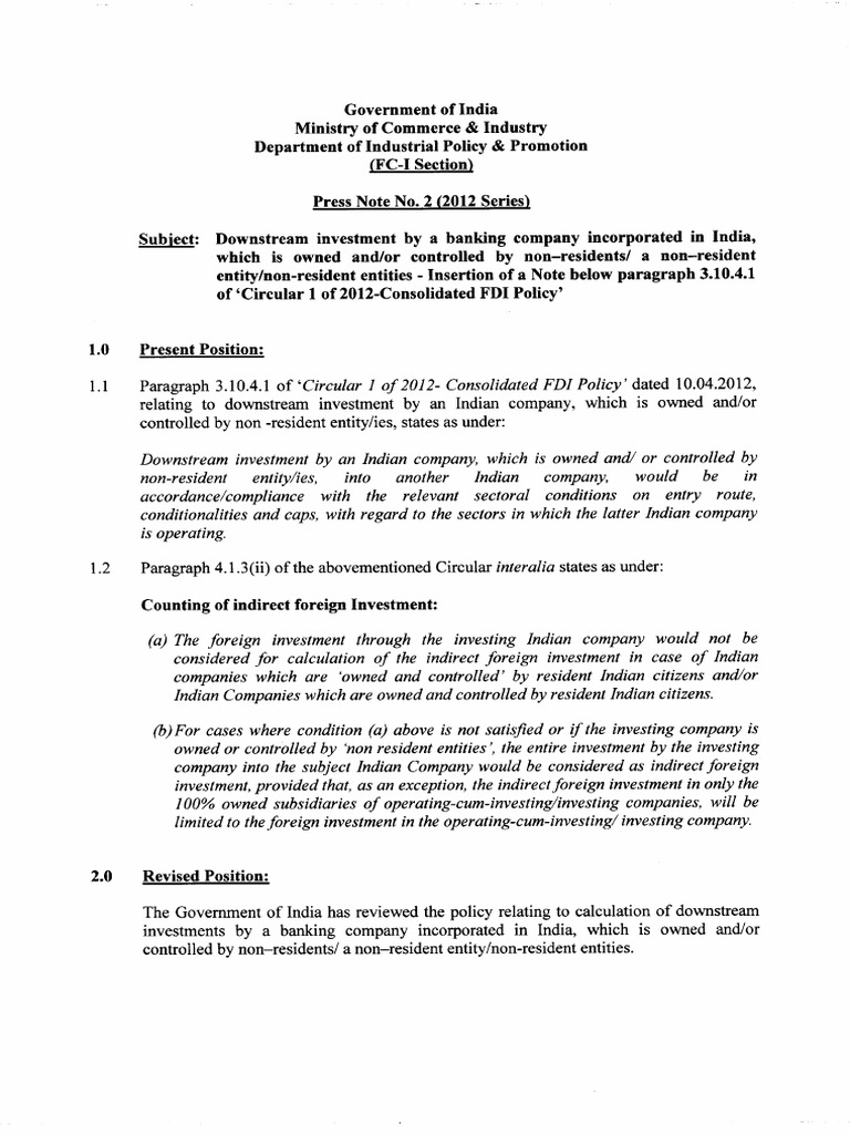 Press Note 2 of FDI 2012 | Foreign Direct Investment | Banks