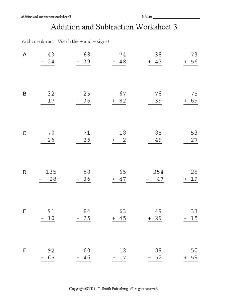 Addition and Subtraction Worksheet 3: Add or Subtract. Watch The + and ...