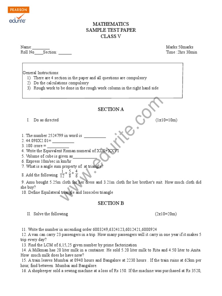Class 5 Cbse Maths Sample Paper Model 2 | PDF | Triangle | Teaching ...