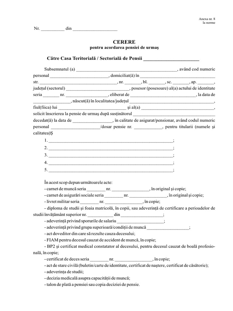 Cerere Acordare Pensie de Urmas Anexa 8 | PDF