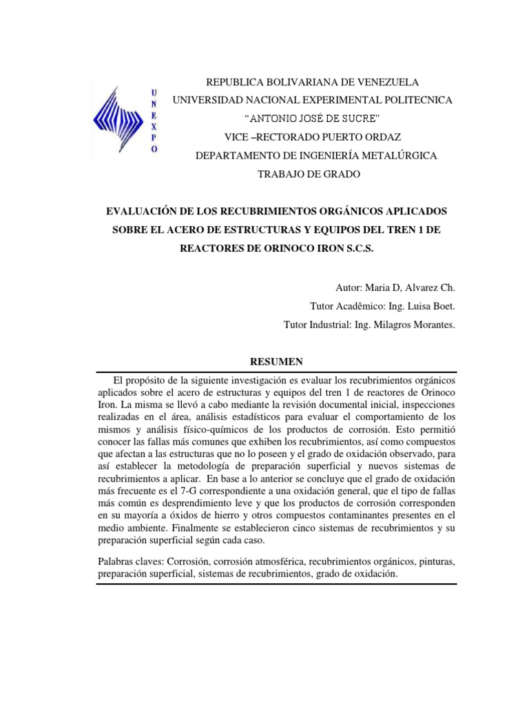 Evaluacion Recubrimientos Organicos Acero Orinoco Iron Scs PDF | PDF ...