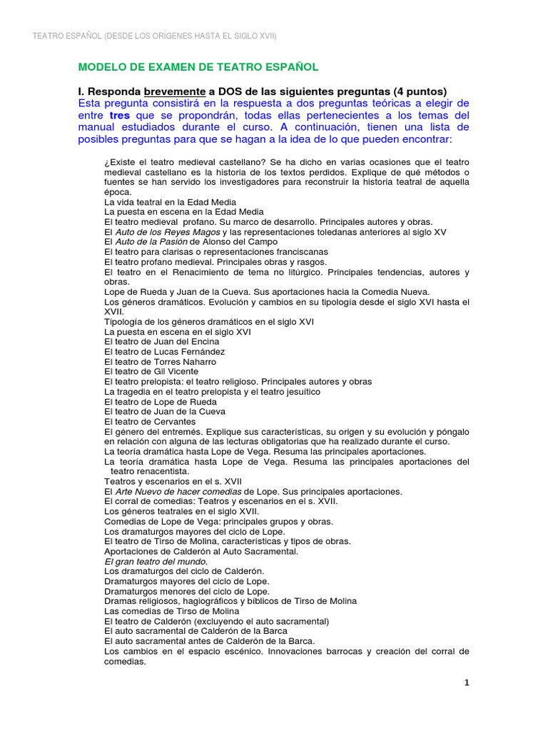 Modelo Examenes Teatro | PDF | Teatro | Dramaturgo