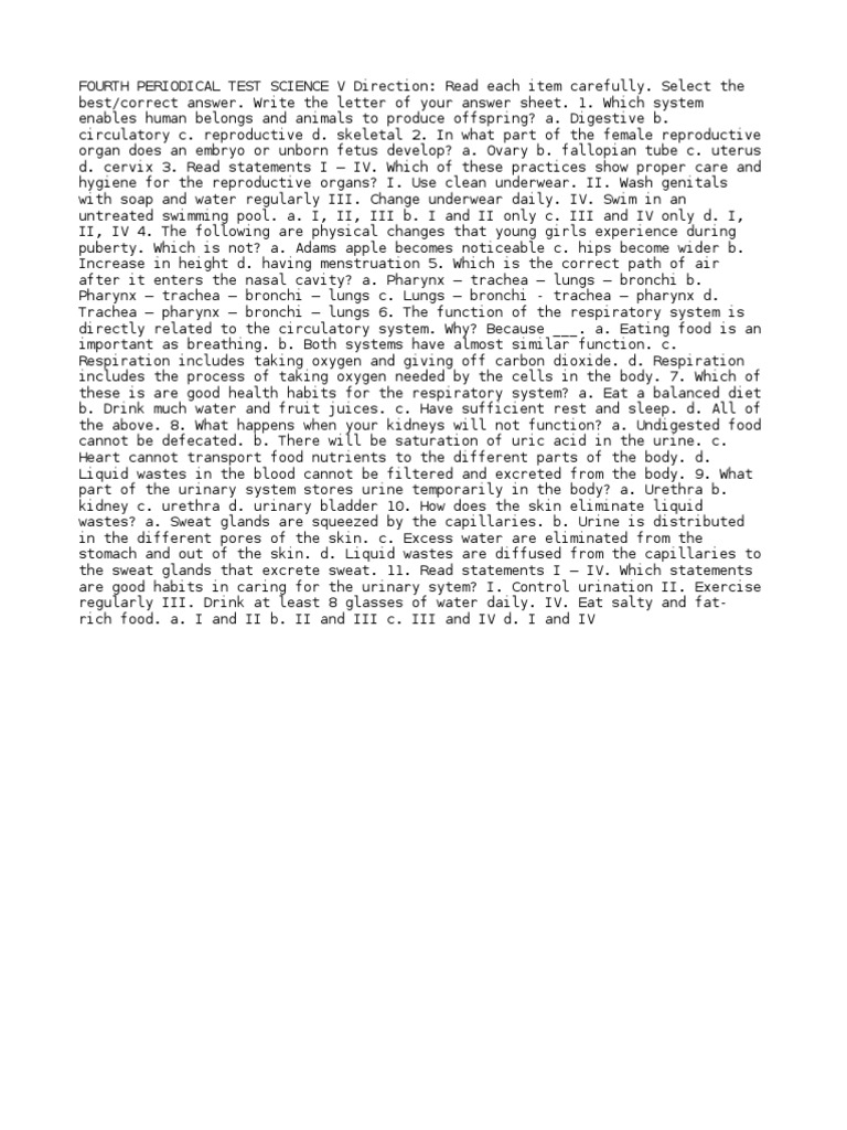 4th Periodical Test For Grade V | PDF