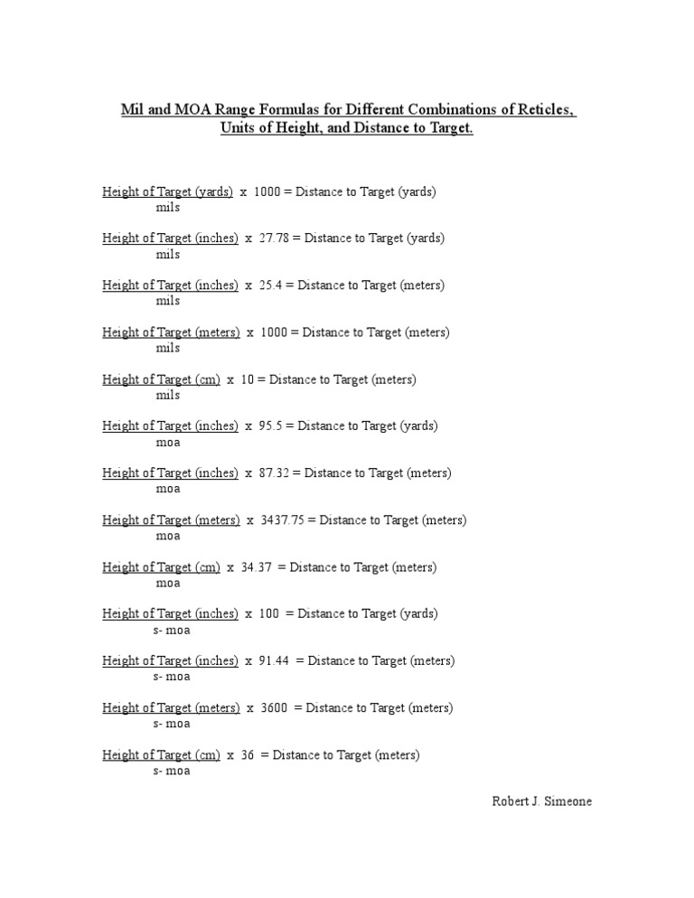 Mil and Moa Range Formulas For Different Combinations | PDF | Minute ...