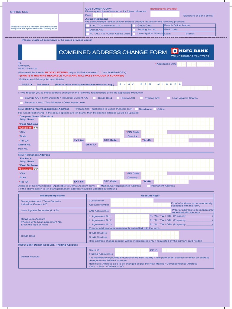 HDFC Bank Address Change Form | PDF | Address (Geography) | Loans
