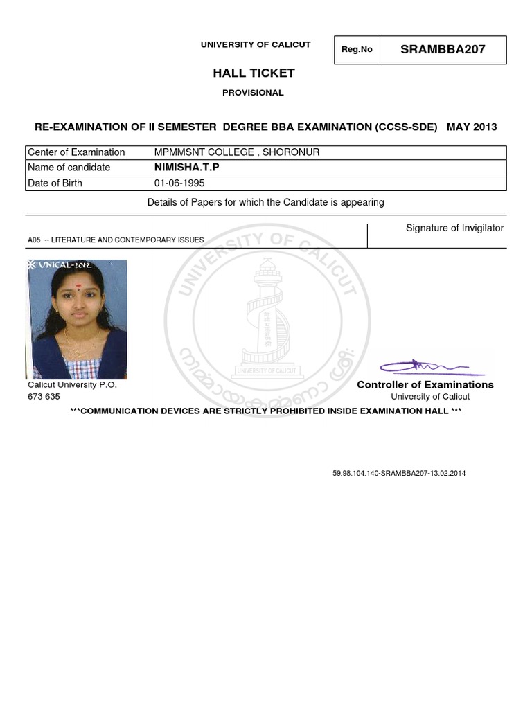 Sample Hallticket Calicut University | PDF