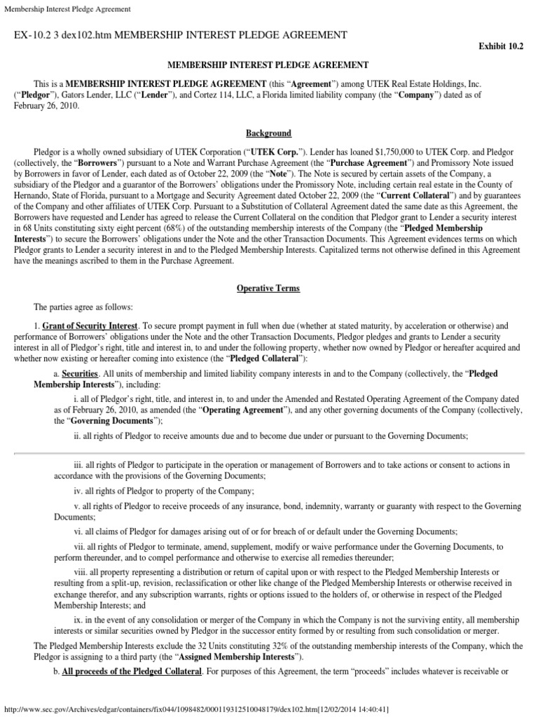 Membership Interest Pledge Agreement | Security Interest | Assignment (Law)