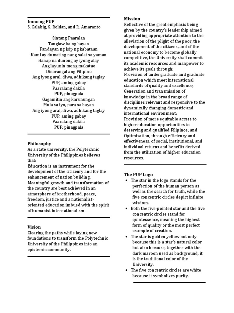 PUP Hymn, Mission, Vision and Philosopy | PDF | Science | Epistemology